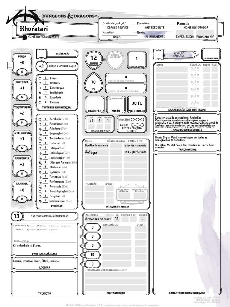 Ficha Pronta D&D 5e (Druida) | Download grátis PDF | Telepatia