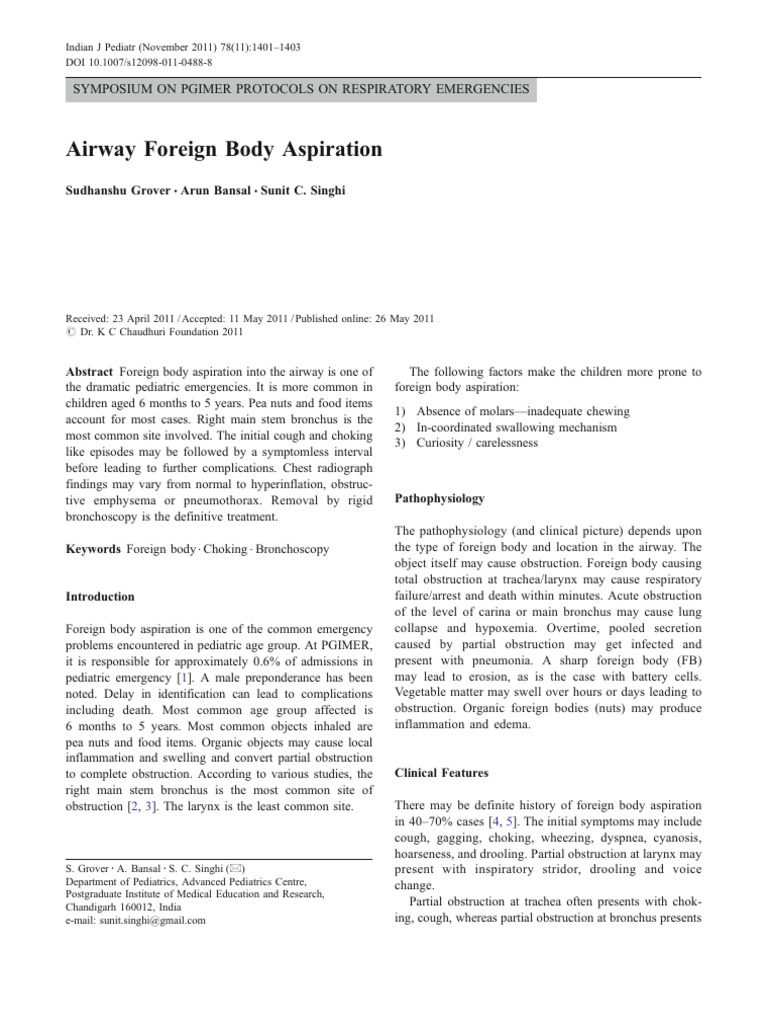 Airway Foreign Body Aspiration | PDF | Pneumonia | Cough