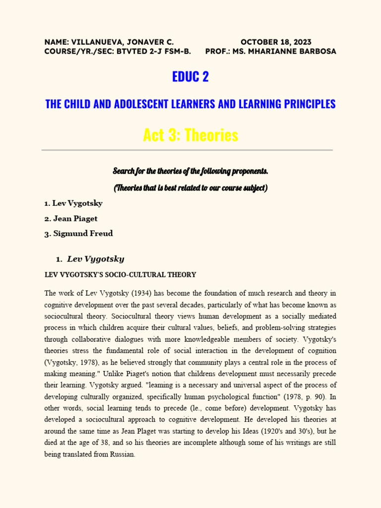 The Child and Adolescent Learners and Learning Principles-Act 3 ...