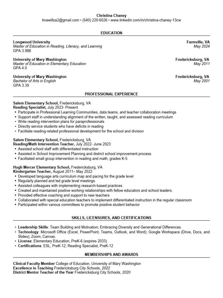 Christina Chaney Resume 2024 | PDF | Teachers | Differentiated Instruction