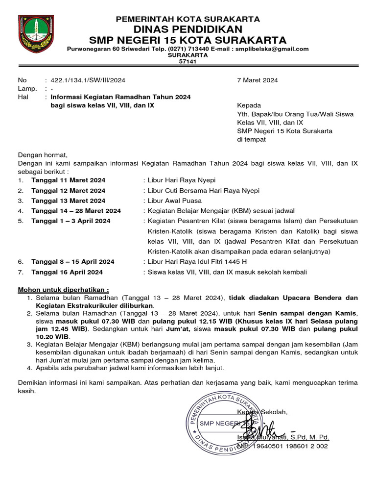 Edaran Kegiatan Bulan Ramadhan 1445 H | PDF