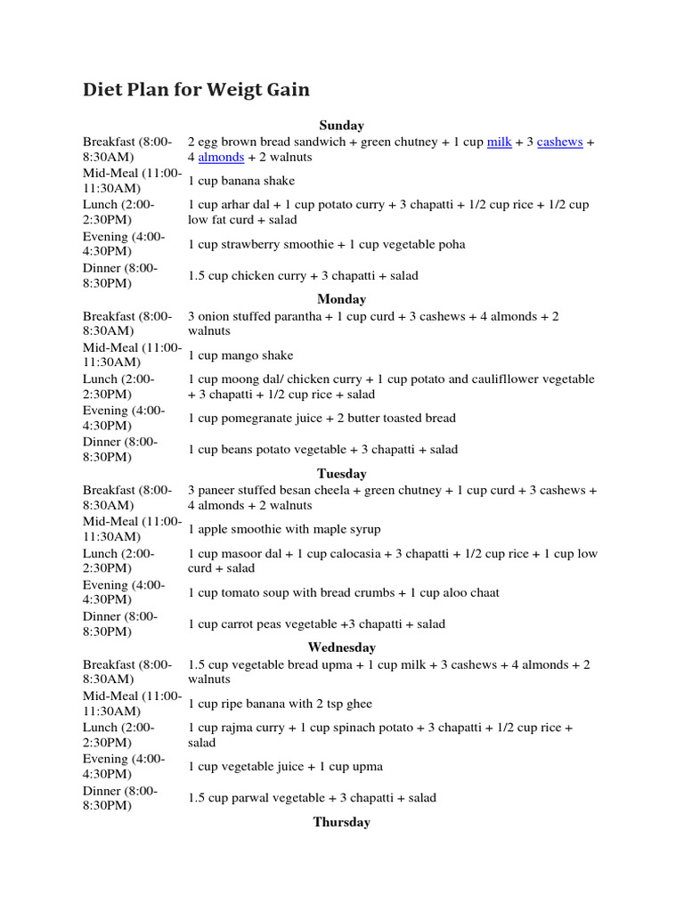 Diet Plan for Weigt Gain | PDF | Lunch | Pancake