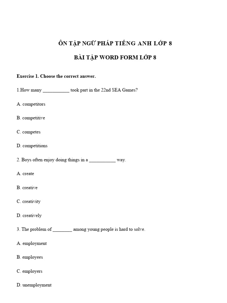 Bai Tap Word Form Lop 8 Co Dap An | PDF | Deafness