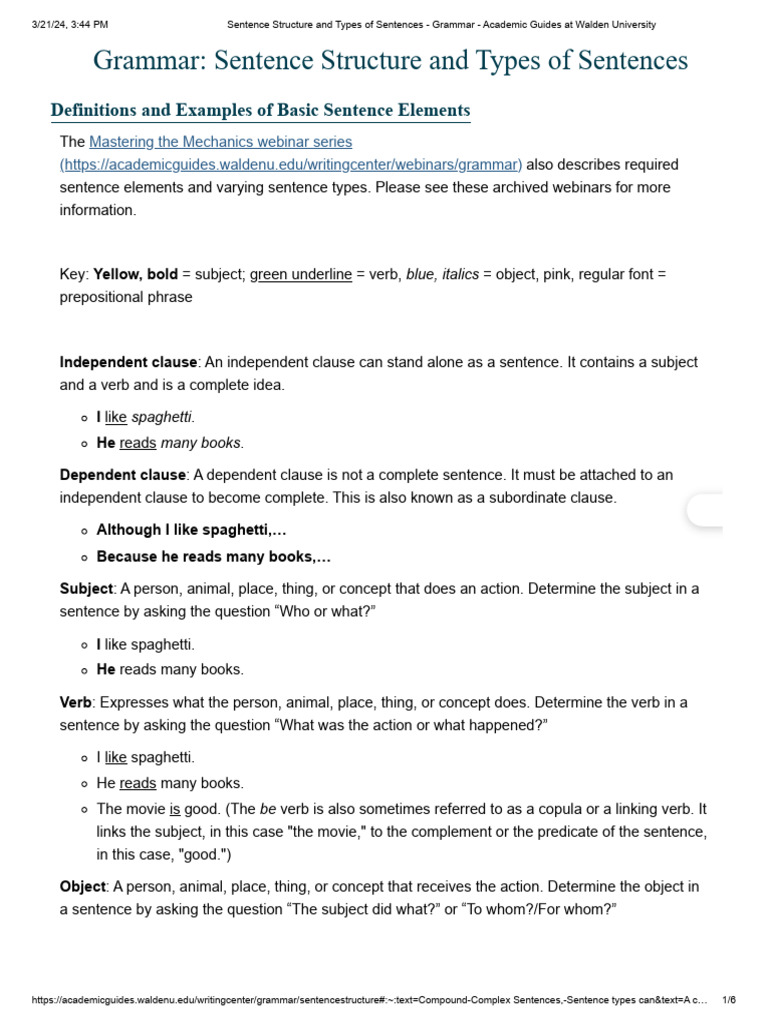 Sentence Structure and Types of Sentences - Grammar - Academic Guides at Walden University | PDF ...