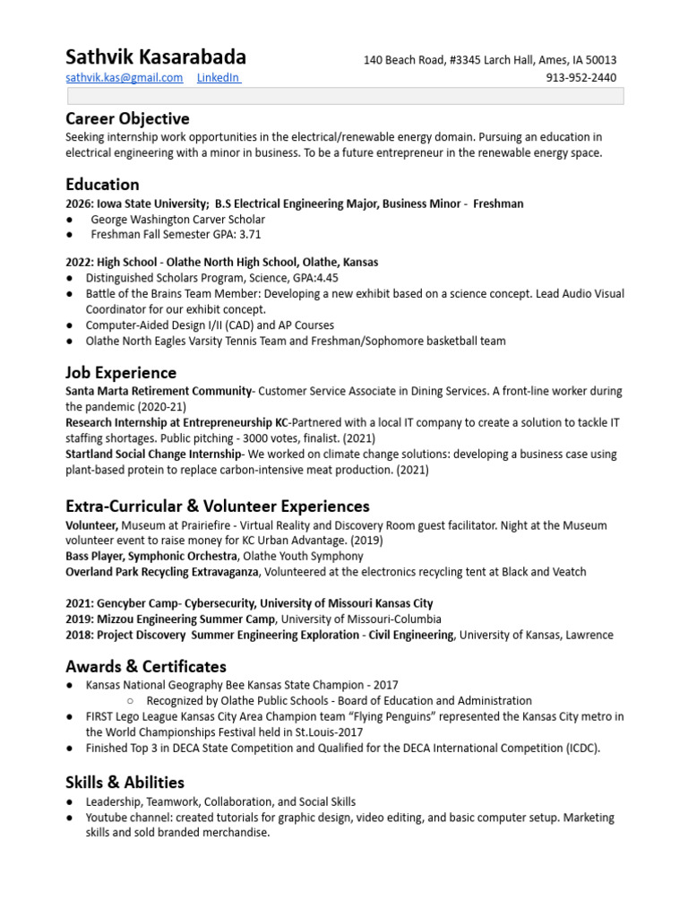 Sathvik Kasarabada Resume | PDF
