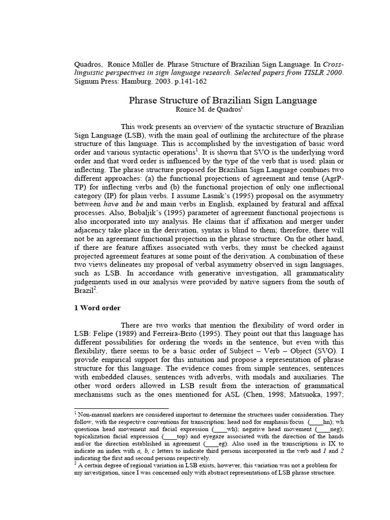 Phrase Structure of Brazilian Sign Language | PDF | Phrase | Verb