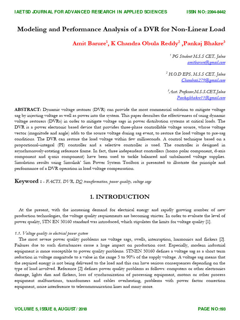 Modeling and Performance Analysis of A DVR For Non-Linear Load | PDF ... Modeling and Performance Analysis of A DVR For Non-Linear Load | PDF ...