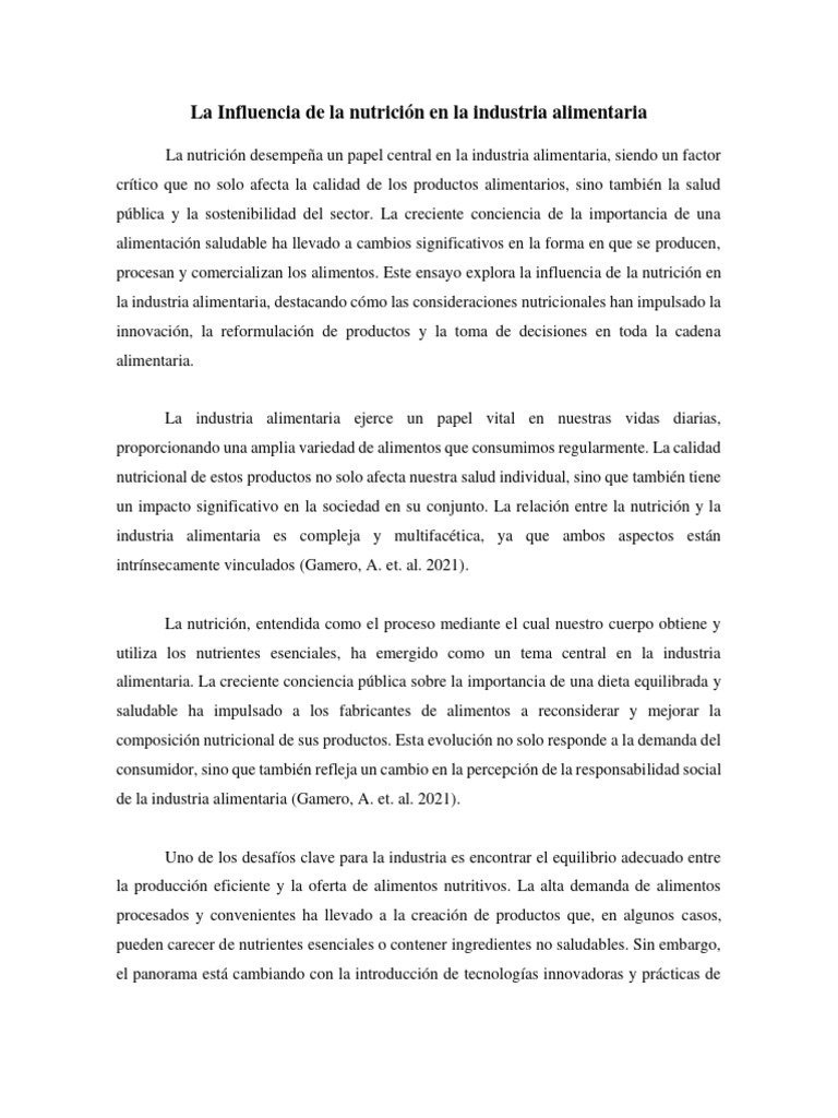La Influencia de La Nutrición en La Industria Alimentaria | PDF