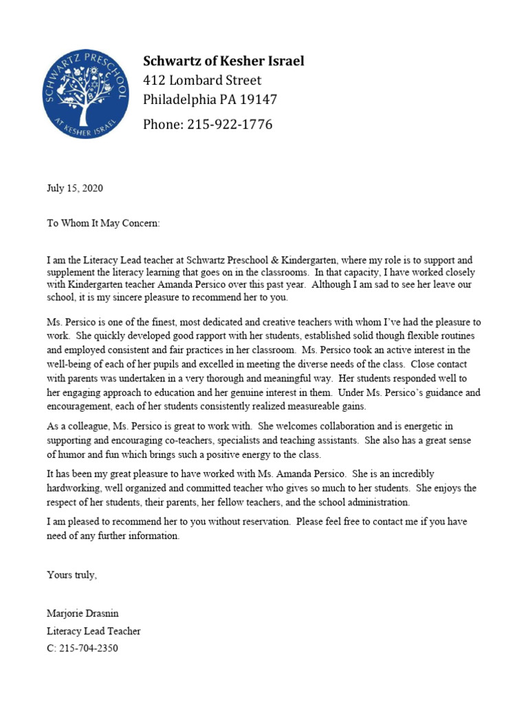 Marjorie Drasnin Recommendation Letter | PDF