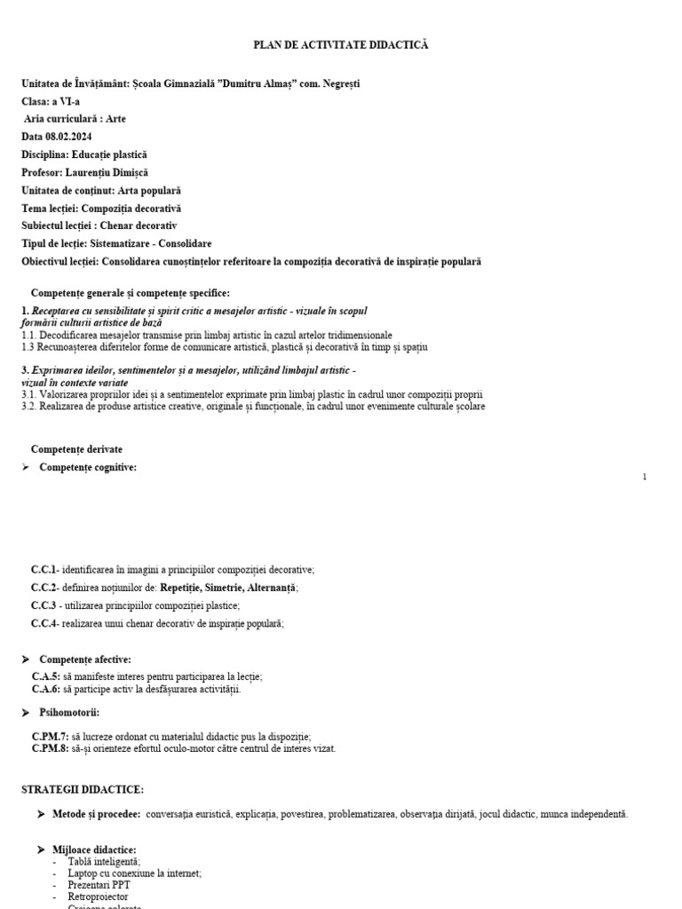 Plan Lectie Clasa A 6 A Compozitia Decorativa | PDF