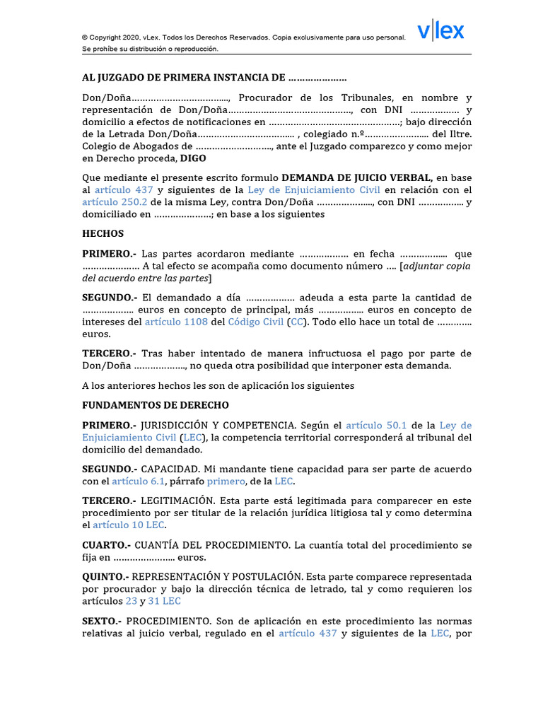 01 DEMANDA VERBAL GENERICA | PDF | Demanda judicial | Derechos de autor