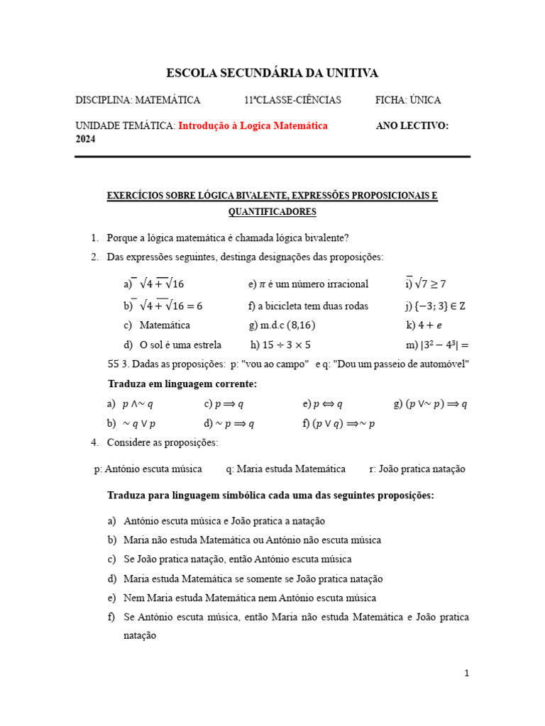 Ficha1 de logica Matematica | PDF | Proposição | Lógica matemática