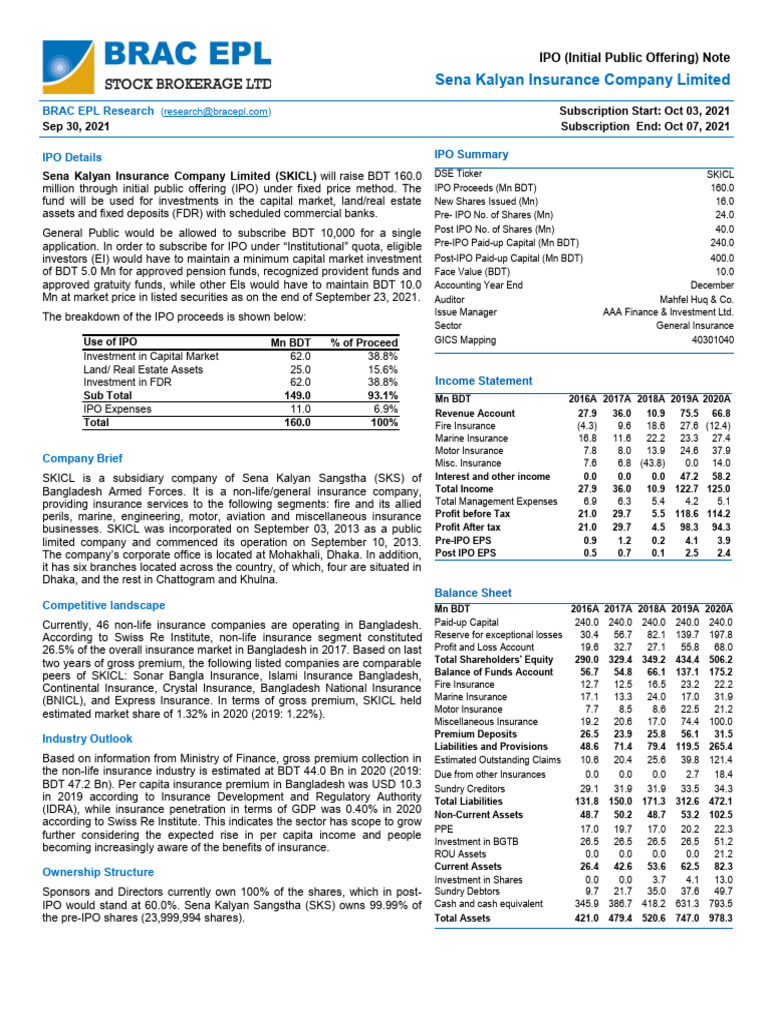 IPO Note Sena Kalyan Insurance Company Limited | PDF | Financial Analyst | Insurance