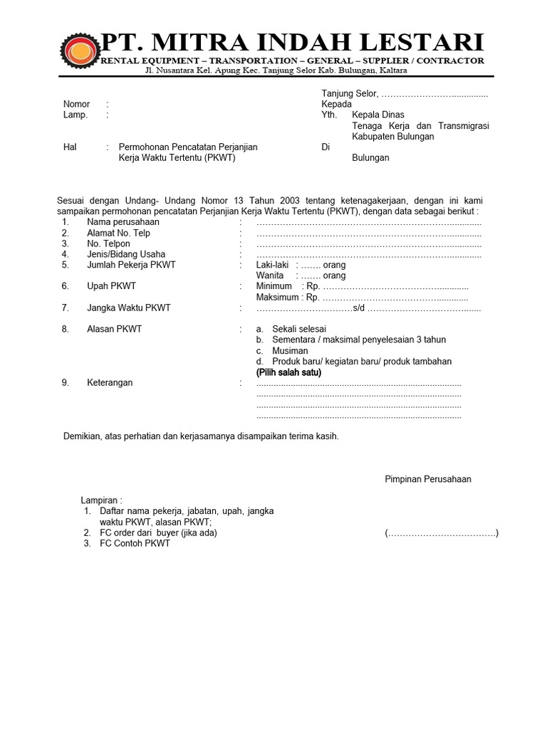 Contoh Permohonan PKWT | PDF