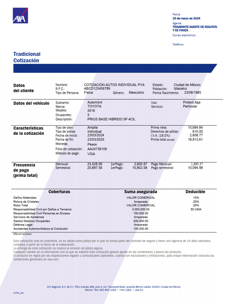 Cotizacion - Toyota Prius- AXA | PDF