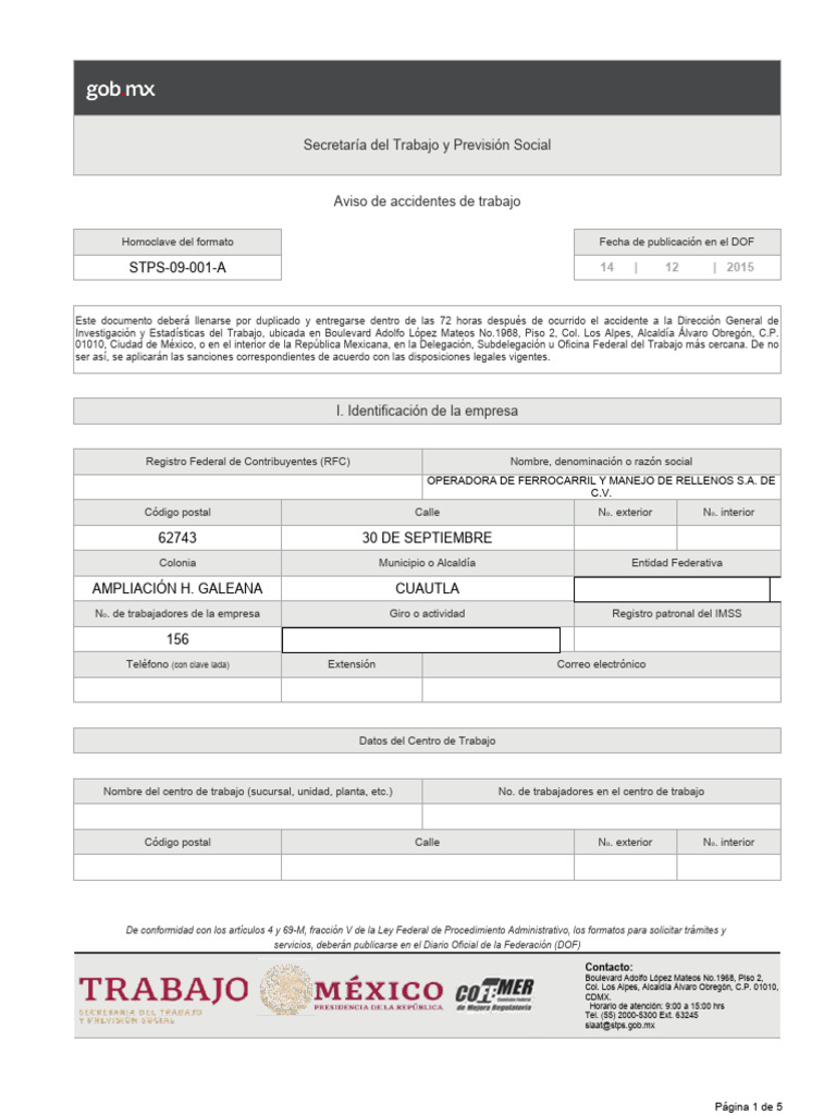 STPS Formato de Aviso de Accidentes de Trabajo | PDF