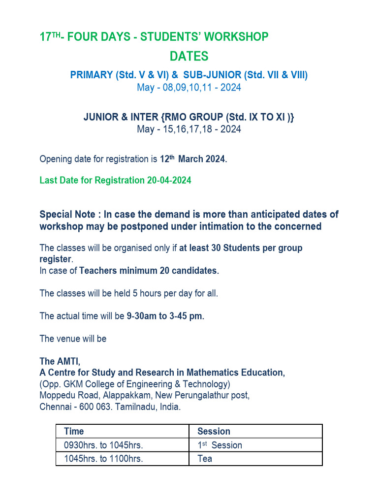 Math Workshop for Students 2024 | PDF