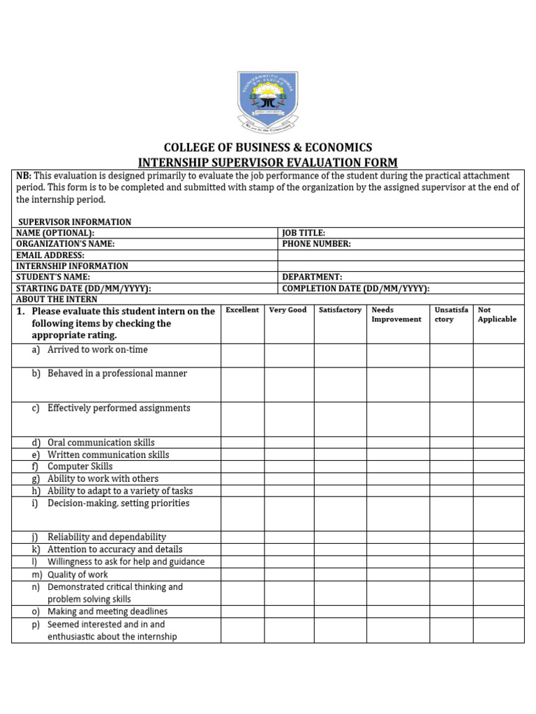 Internship Supervisor Evaluation Form Ju 2015 E.C | PDF
