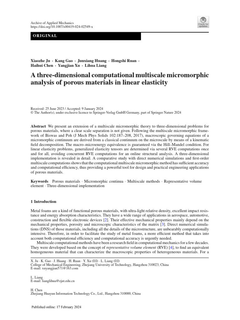 A Three-Dimensional Computational Multiscale Micromorphic Analysis of Porous Materials in Linear ...