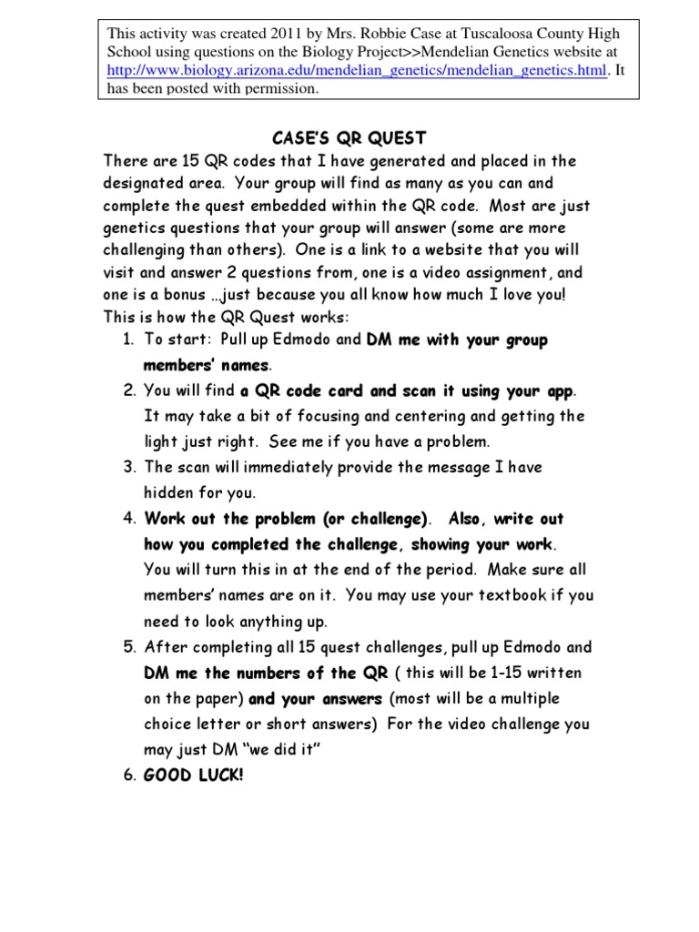 QR Code Quest Instructions Cards and Info Biology Genetics) by R. Case ...