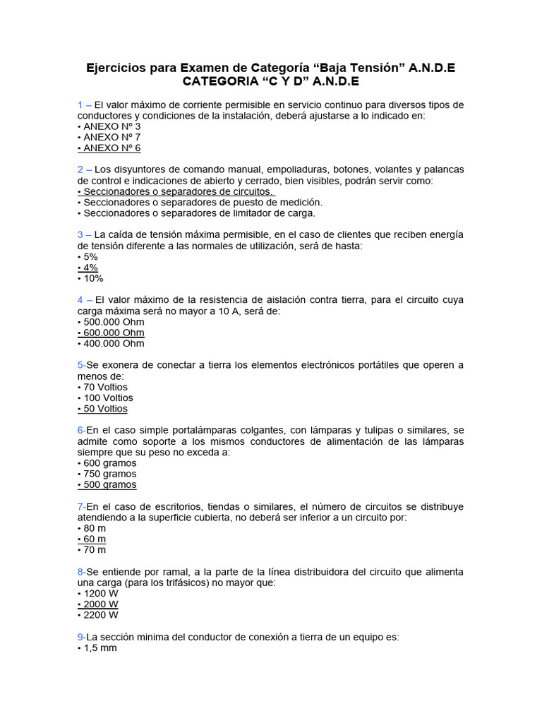 Ejercicios para Examen de Categoría | PDF | Corriente eléctrica | Energia electrica