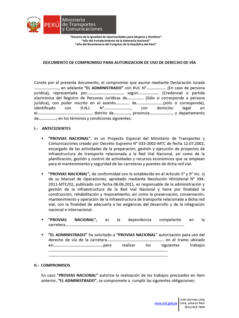 Documento de Compromiso para Autorizacion de Uso de Derecho de Vía | Descargar gratis PDF | Lima ...