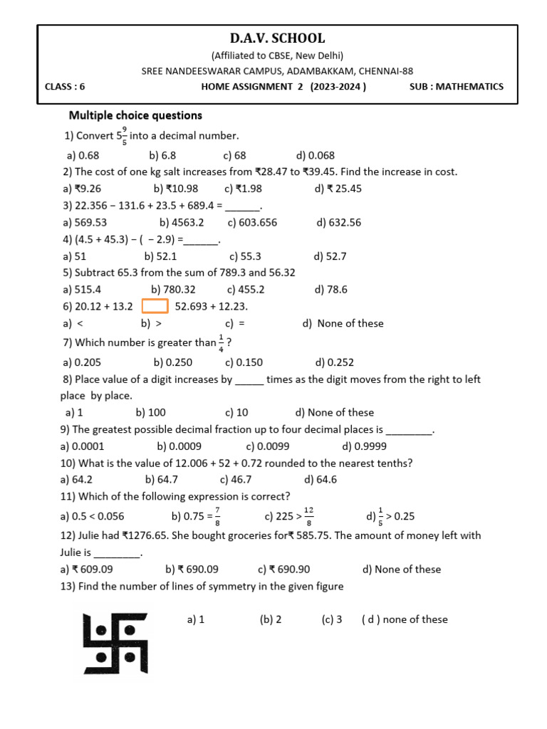 Class 6 Maths Home Assignment 2 | PDF | Elementary Mathematics | Numbers