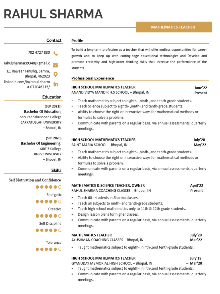 Teacher Professional Resume | Download Free PDF | Teachers | Mathematics