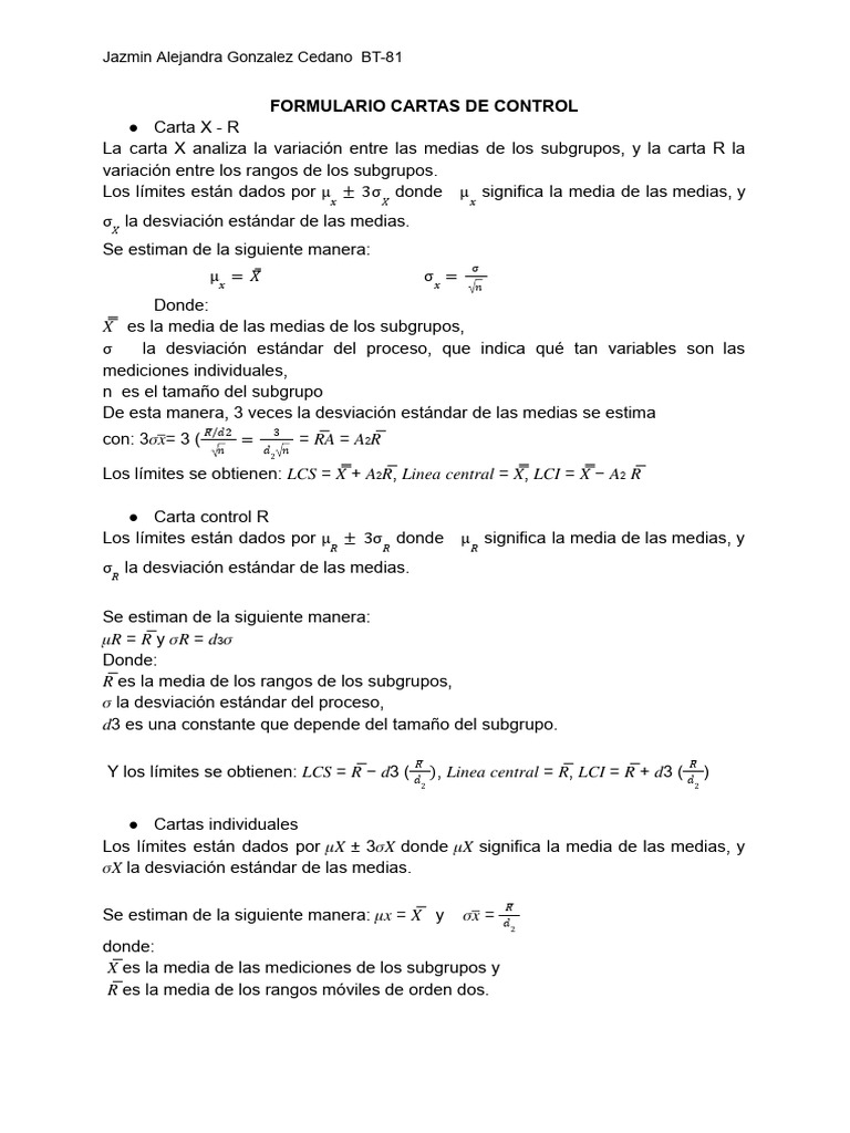 Formulario Cartas de Control | PDF | Desviación Estándar