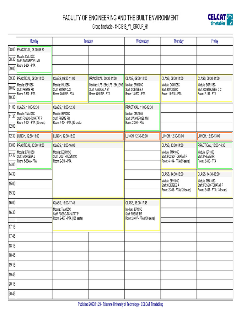 CELCAT Timetable HCIE18 Semester 1 2024 | PDF