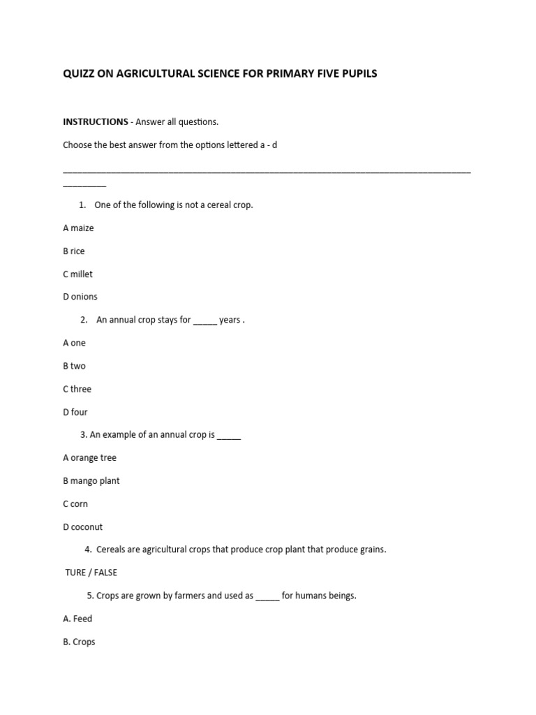 Agricultural Science Quiz for Primary 5 | PDF | Cereals | Crops
