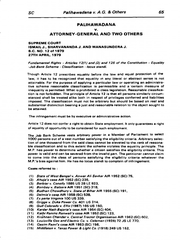 SLLR 1978-79-80 v1 Palihawadana v. Attorney General and Two Others | PDF | Equal Protection ...