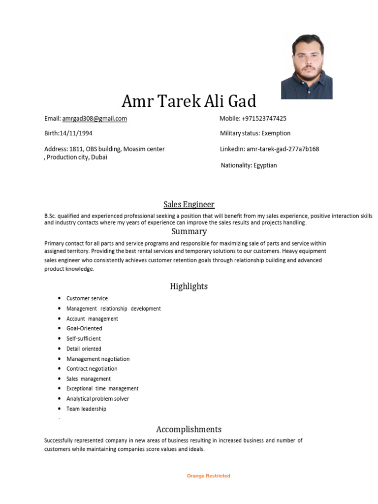 Amr Tarek Ali Gad CV | PDF | Sales | Pump