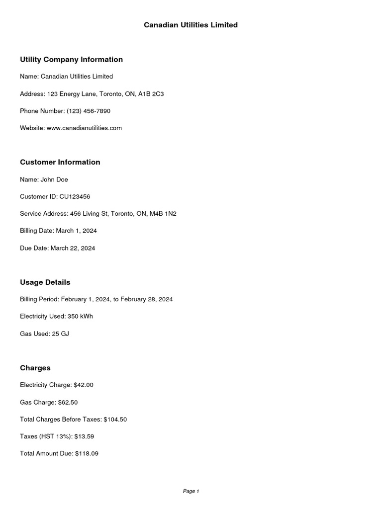 Canadian Utilities Bill Sample 2024 | PDF
