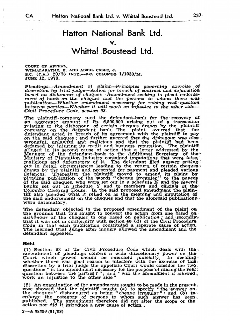 SLLR-1978-79-V2-Hatton National Bank Ltd-V. Whittal Boustead LTD | PDF ...