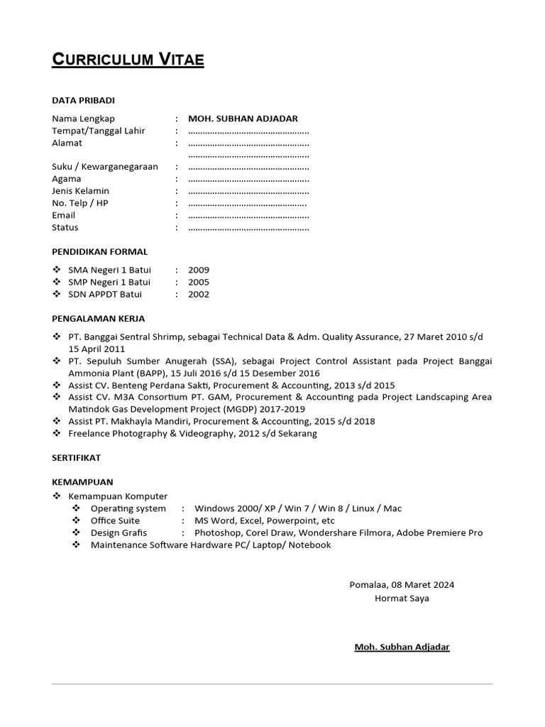 Moh. Subhan Adjadar CV Overview | PDF