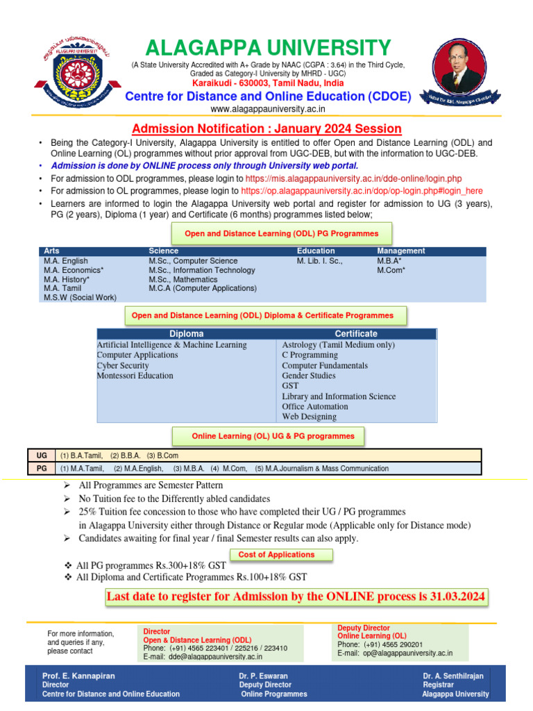 Alagappa University January 2024 Admissions | PDF | Distance Education