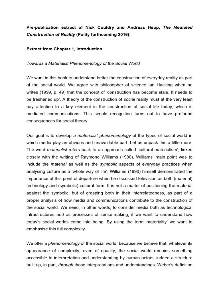 Couldry, Hepp, The Mediated Construction of Reality | PDF ...
