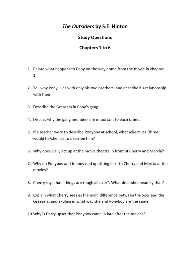 Outsiders Study Questions (1-6) | PDF | General Fiction