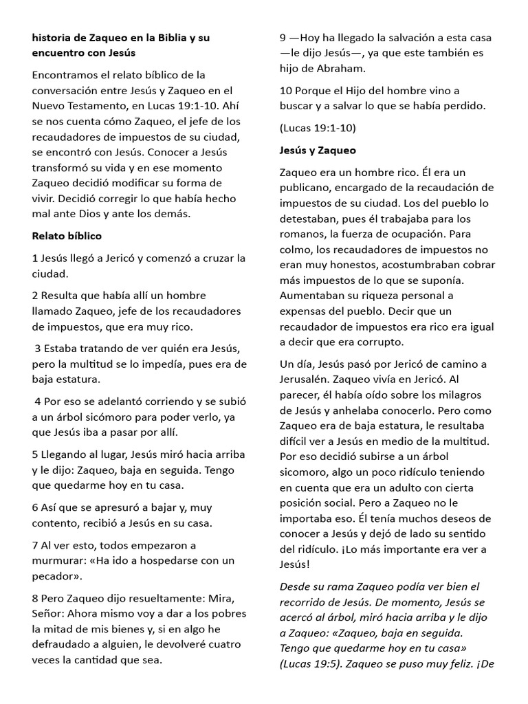 Historia de Zaqueo en la Biblia y su encuentro con Jesús | PDF | Jesús | Creencia religiosa y ...