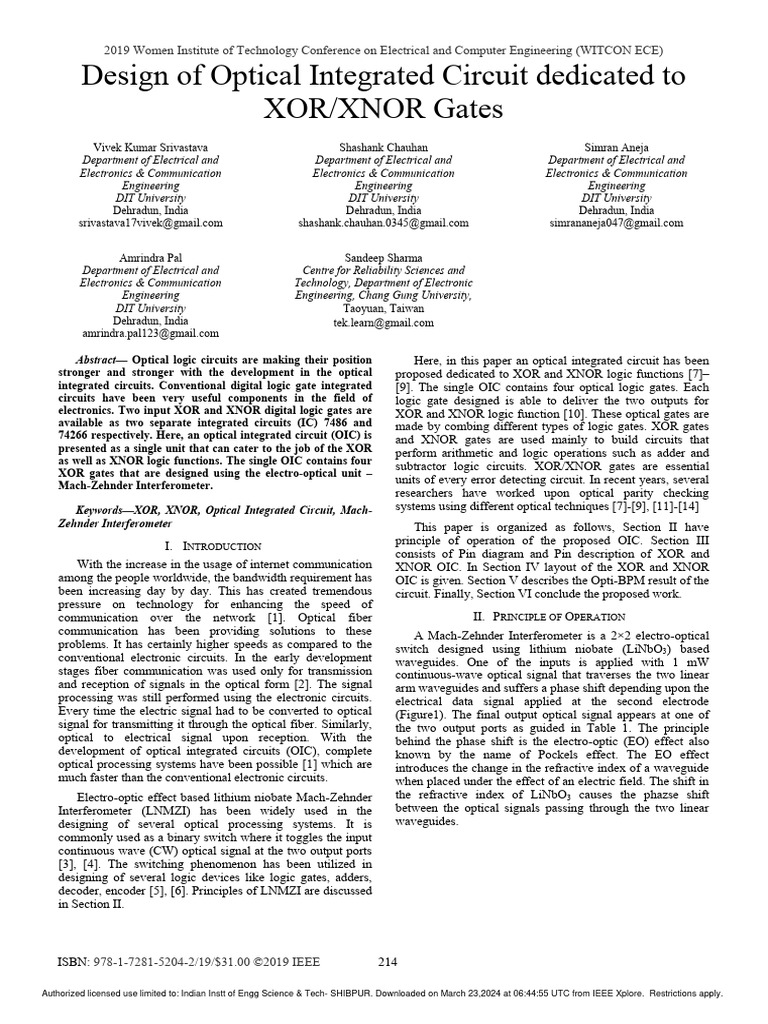 Design of Optical Integrated Circuit Dedicated To XOR XNOR Gates | PDF