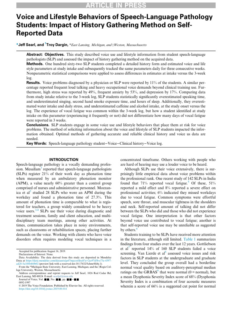 Voice Use in SLP Students: Data Insights | PDF | Clinical Medicine