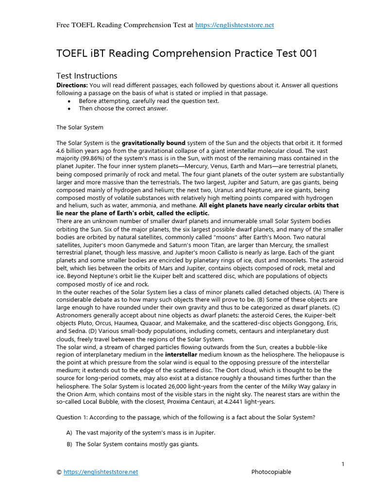 TOEFL IBT Reading Comprehension Practice Test 001 | PDF | Solar System ...