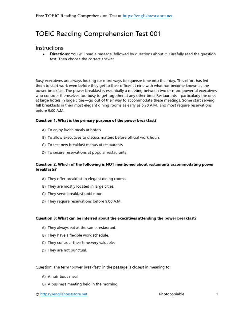 TOEIC Reading Comprehension Test 001 | PDF | Restaurants | Reading ...