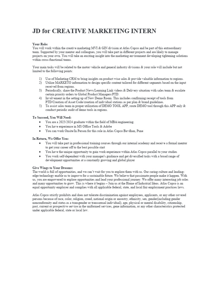 Job Description - Marketing Intern | Download Free PDF | Employment ...