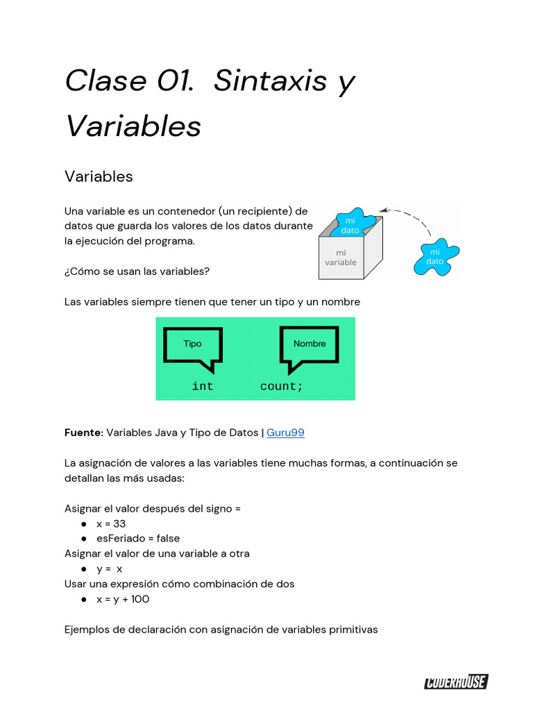Clase 01. Sintaxis y Variables | PDF | Java (lenguaje de programación) | Variable (informática)