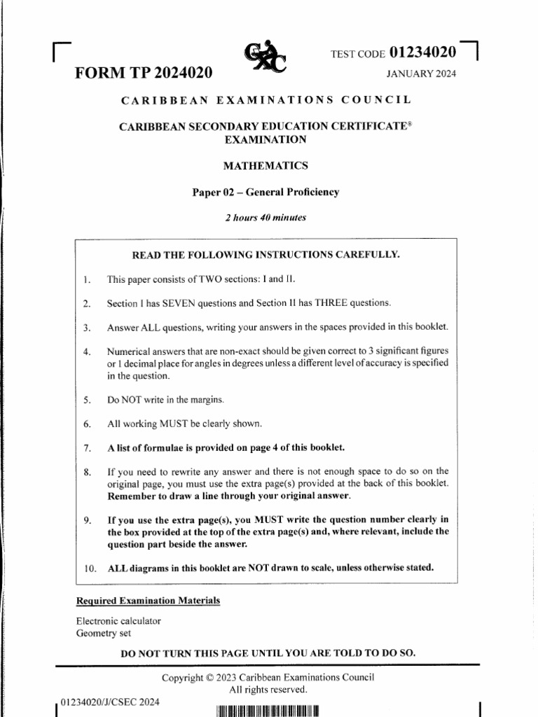 CSEC Math January 2024 | PDF