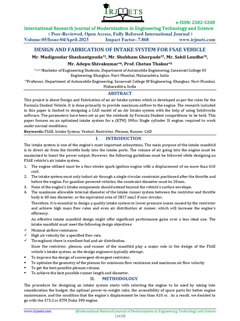 Design and Fabrication of Intake System For Fsae Vehicle | PDF ...