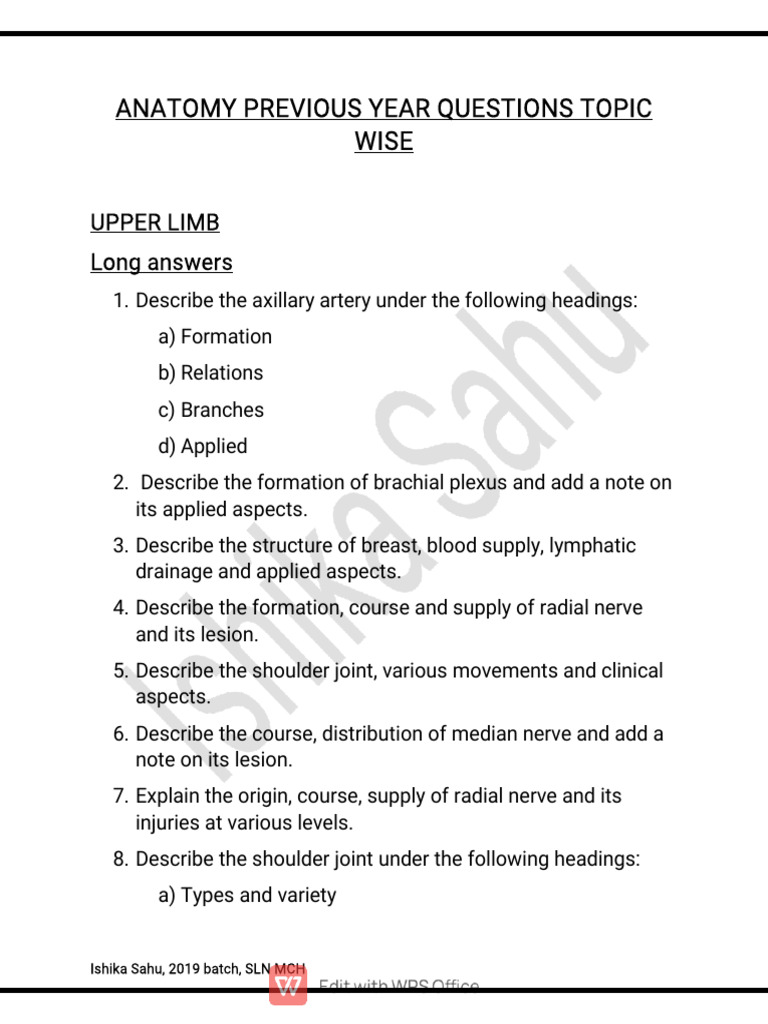 Anatomy Previous Year QS Topic Wise | PDF