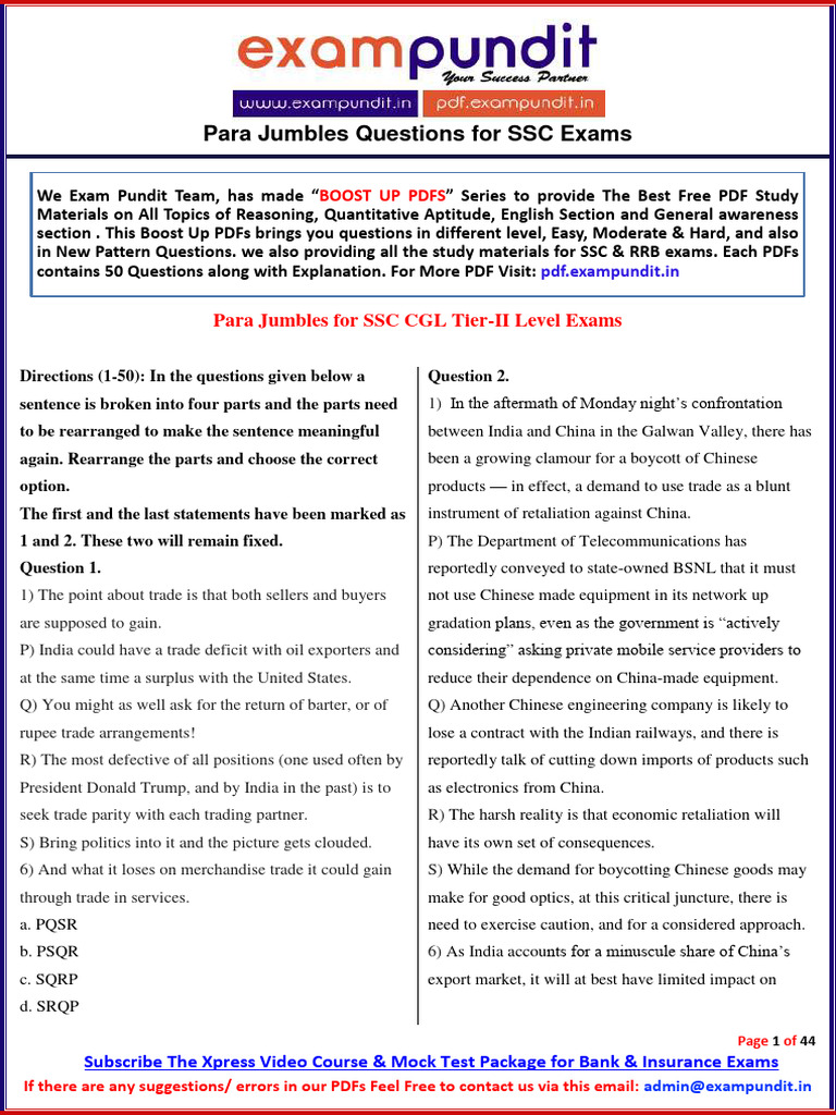 Expected para Jumbles Questions PDF For SSC Tier II Exams | PDF ...